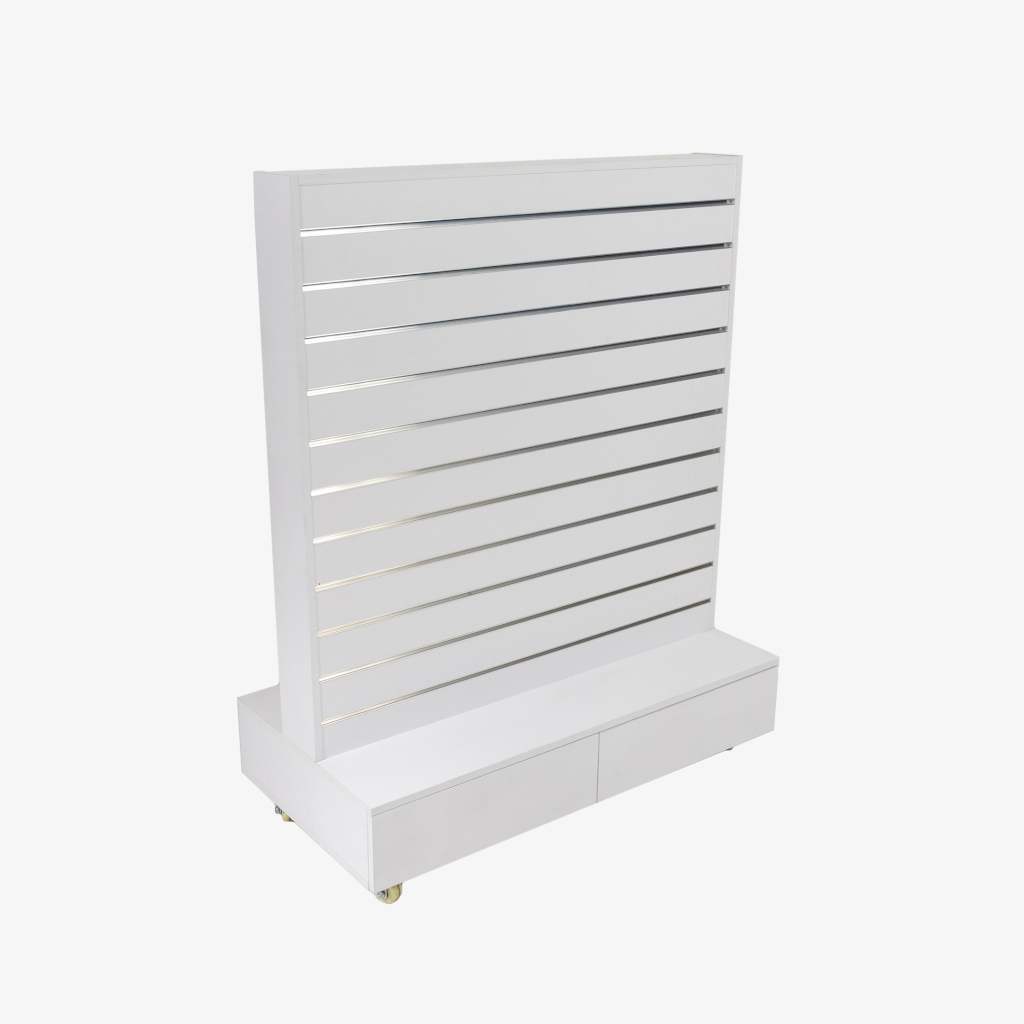 White Double Sided Center Bay Slatwall Gondola with Silver Inserts and ...