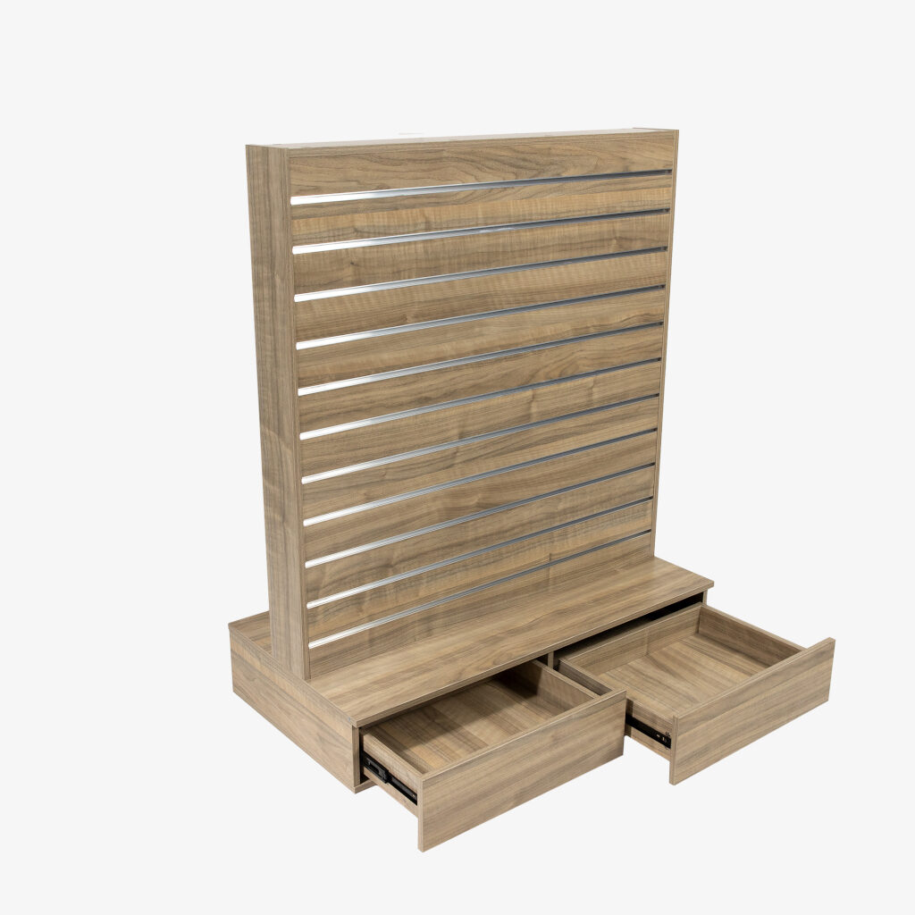 Walnut Double Sided Center Bay Slatwall Gondola with Silver Inserts and ...