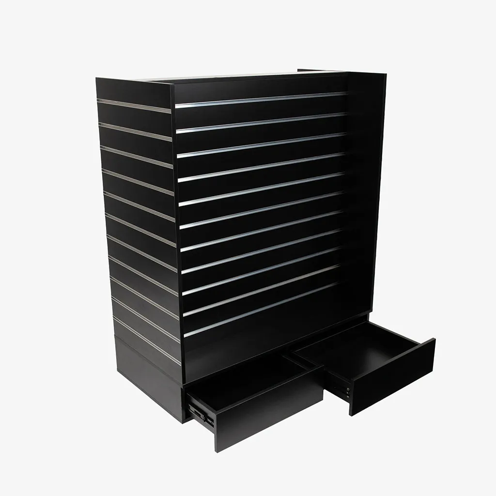 Black Double Sided H Frame Gondola with Silver Inserts and Drawers ...